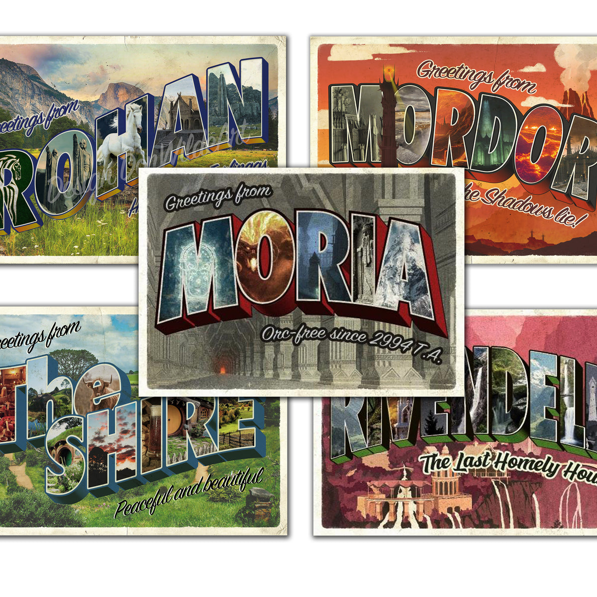 Lotr Postcard Set 5 x A6, Rivendell, Moria, Rohan, The Shire, Mordor ...